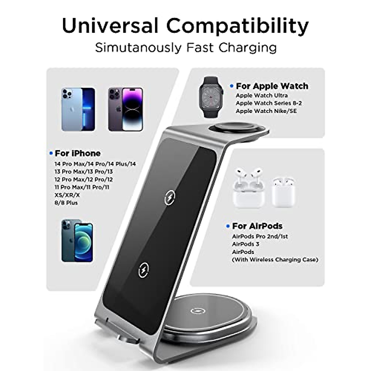 Wireless Charging Station for Apple, 15W iPhone Wireless Charger Fast Charging [Metal], Lemoworld 3 in 1 Charging Station [Qi Certified], for iPhone 14/13/12/11/Pro/Max/Apple Watch/Airpods Pro