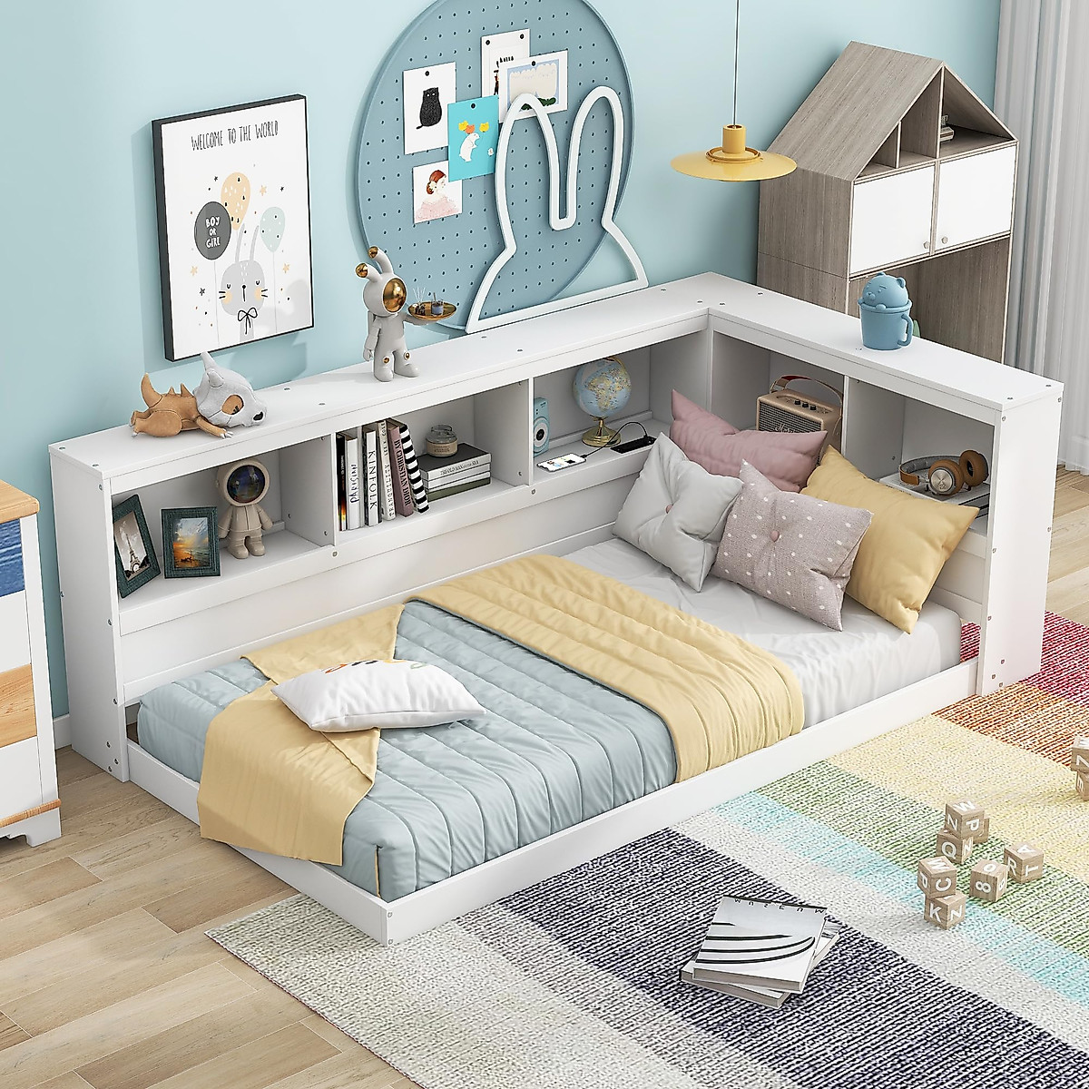 Harper & Bright Designs Twin Size Daybed, Wood Twin Bed Frame with L-Shaped Bookcases and USB Ports,Twin Floor Sofa Bed for Kids Room, Bedroom, Living Room,White