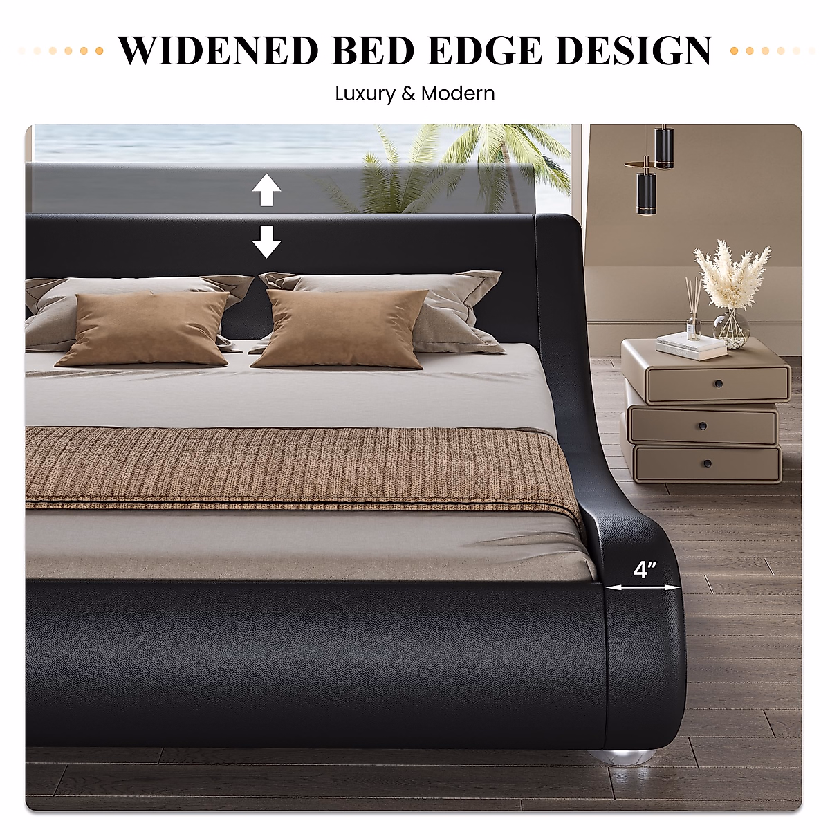 SHA CERLIN King Size Upholstered Bed Frame, Deluxe Low Profile Sleigh Bed with Faux Leather Ergonomics Headboard, No Box Spring Needed & Easy Assembly, Black