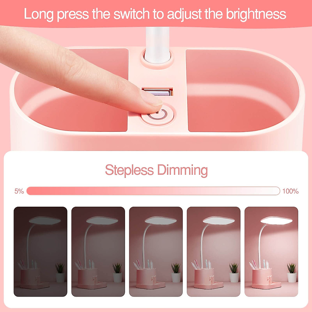 Mubarek Cute Desk Lamp Pink Lamp Cute Desk Accessories, 3 Modes 8W Dimmable Pink Desk Lamp+Organizers, Pink Desk Accessories Kawaii Desk Accessories, Cute Lamp Cute Desk Decor Cute Office Supplies