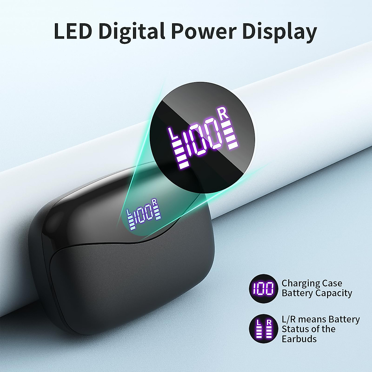 PSIER Wireless Earbuds Bluetooth Headphones 153H Playtime Ear Buds Digital LED Display Cell Phones Charging Function with 2000mAh Charging Case