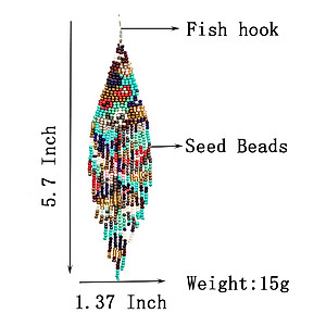 Luluping Long Beaded Dangle Earrings – Boho Native Handmade Seed Bead Tassel Earrings for Women, Bohemian Large Statement Beaded Drop Fringe Earrings (Colorful Beaded Earrings D)