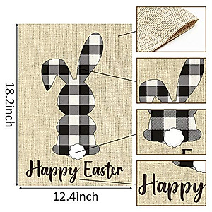 GROBRO7 Easter Buffalo Plaid Garden Flag Burlap Rabbit Flag House Decorative Welcome Checkered Yard Decoration Double Sided Print Seasonal Outdoor Décor for Happy Easter Day 12"x18"