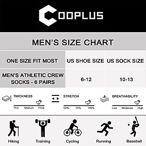 COOPLUS Mens Crew Socks Athletic Moisture Wicking Cushion Durable Work Mid Calf Socks for Running Sports (6 Pairs)