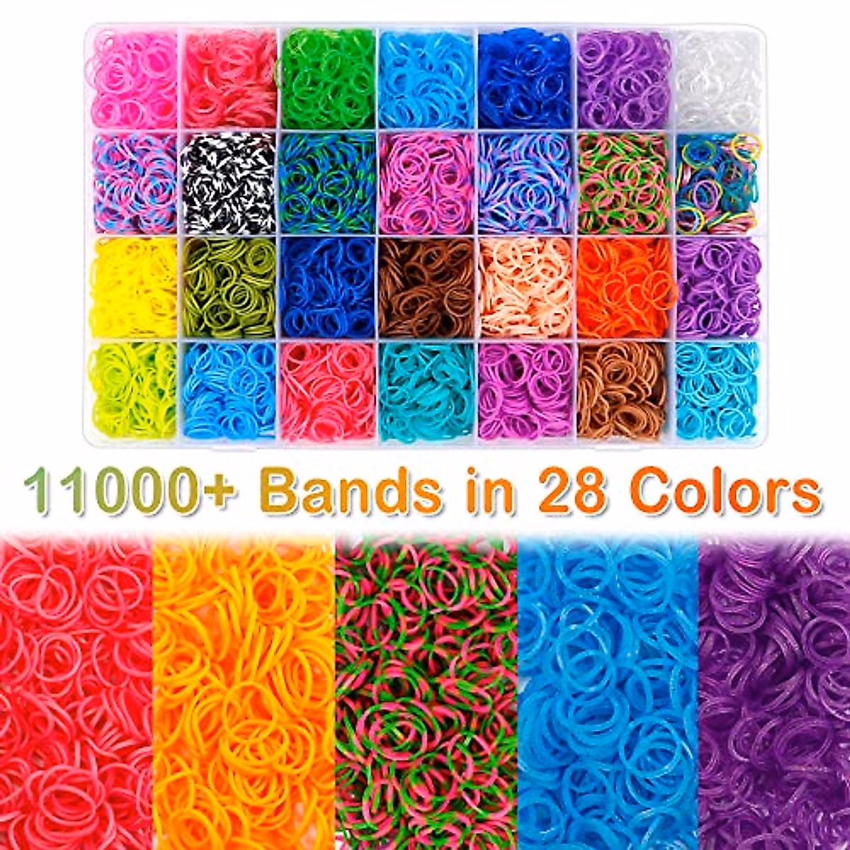 Inscraft Rubber Band Refill Kit: Over 11000 Rubber Bands, 28 Colors with Container, 600 Clips, 200 Beads, 52 ABC Beads, Premium Bracelet Making Refill Kit for Girls Kids Gift DIY Craft