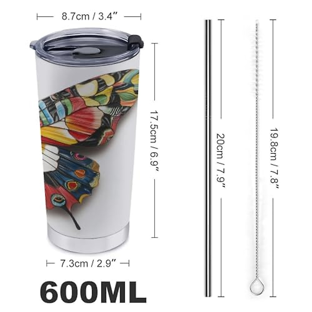 zxxpensy 20 Oz Tumbler Travel Cup Colorful Butterfly Water Bottle, Stainless Steel Vacuum Insulated Coffee Mug with Straw Lid And Cleaning Brush