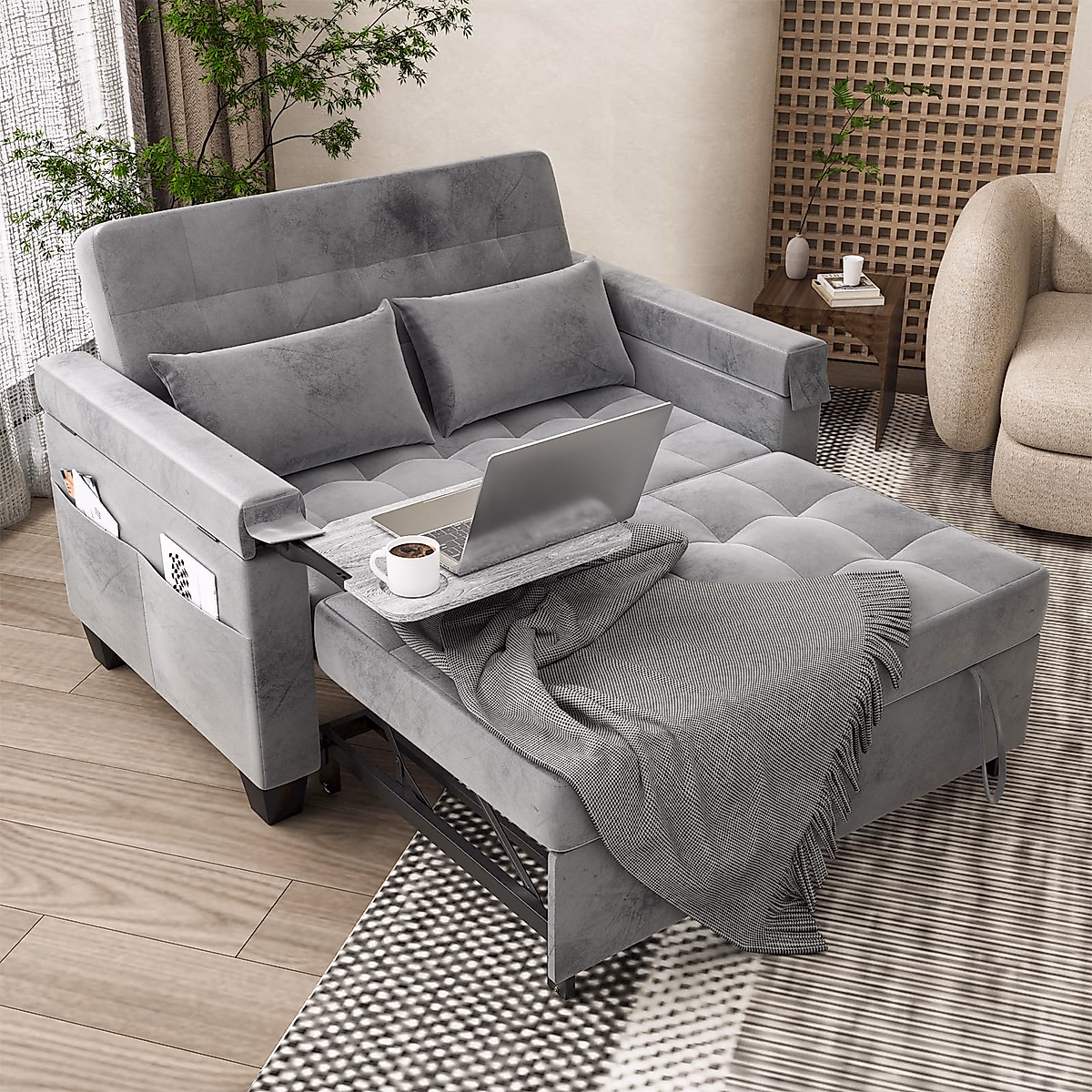 Buenhomino 3-in-1 Convertible Sofa Bed, Pull-Out Sofa Bed Multi-Functional Sleeper Couch, 48'' Loveseat Bed Chaise Lounge w/Hidden Side Table & Adjustable Backrest for Living Room, Small Space Gray