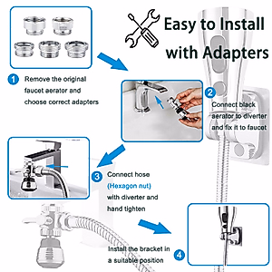 Kitchen Sink Sprayer Attachment for Faucet, ON/OFF Faucet Sprayer Head with Stainless Steel Hose，3 Way Brass Diverter with Aerator, for Kitchen Cleaning, Pet Shower,Hair Washing (5 Adapters）