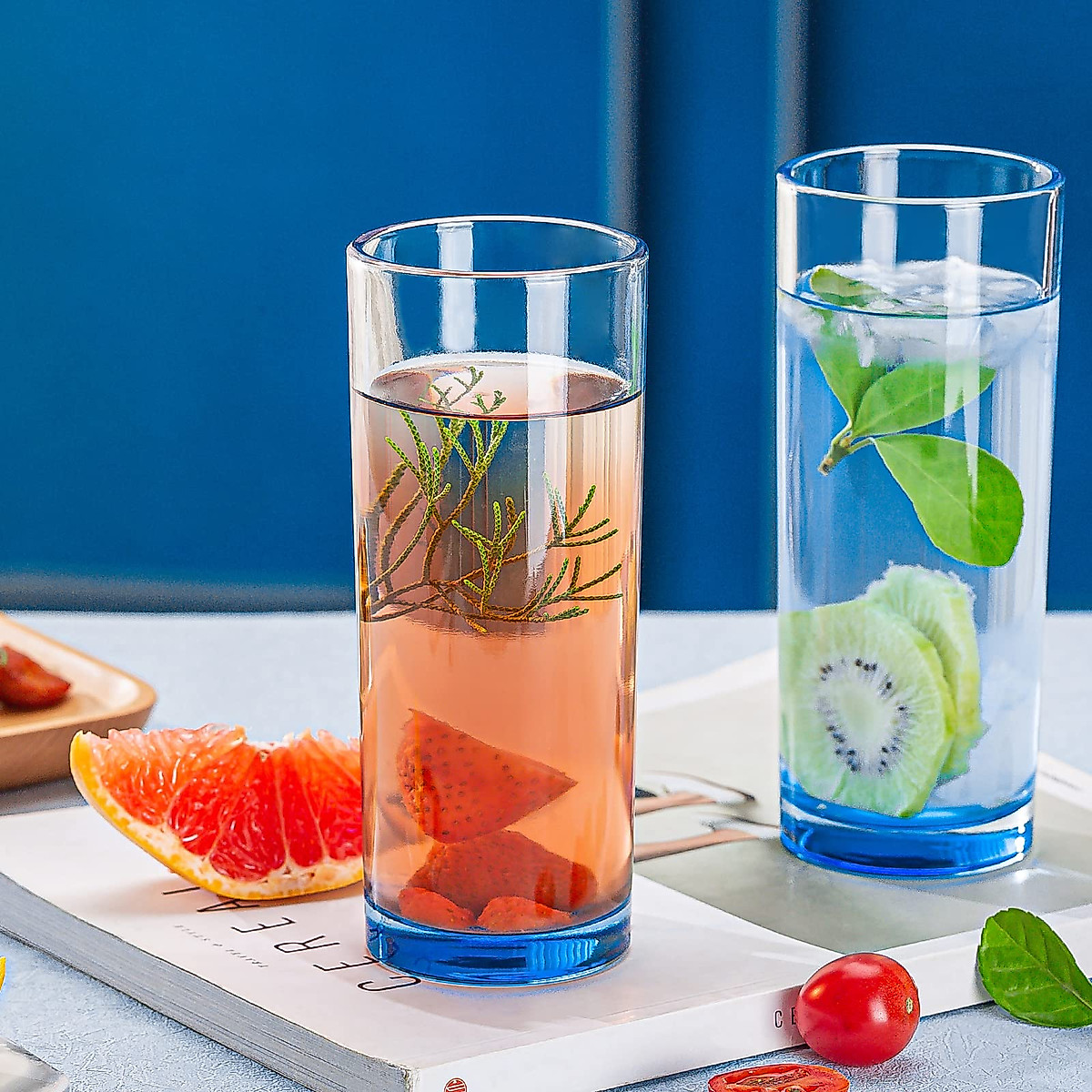 Claplante 8 Pcs Crystal Highball Glasses, 13 oz Drinking Glasses with Heavy Base, Tall Glass Sets, Water Glasses, Mojito Glass Cups, Bar Glassware, Cocktail Glass Set, Beer Glass (Blue Base)