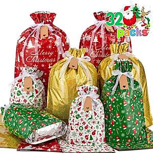 Christmas Drawstring Gift Bags with Tags - 32 PCS Stand Up Thanksgiving Gift Bags Assorted Sizes Large Medium Small Foil Gift Wrapping for Birthday, Goodies, Xmas Holiday Party Decorations Supplies