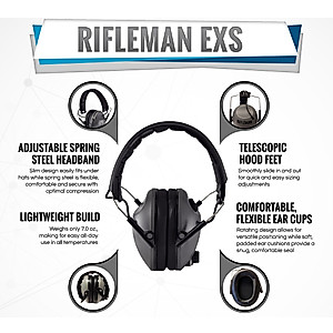 BenchMaster Rifleman EXS Electronic Hearing Protection for Shooting and Construction- Adjustable Folding Low Profile Design - NRR 20 - Ear Muffs