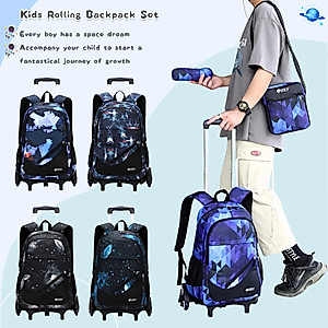 Bansusu 3Pcs Black Galaxy Primary Middle School Bag Rolling Backpack Set for Elementary Boys Wheeled Bookbag with Six Wheels