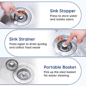 Upgraded 3 in 1 Kitchen Sink Drain Strainer - Stainless Steel Pop Up Sink Stopper, Anti-Clogging Sink Basket, Fast Drainage Kitchen Sink Plug for US Standard 3-1/2 Inch Drain