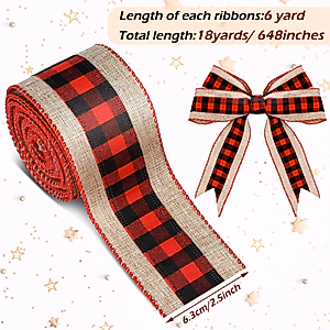 Jutom 3 Rolls Christmas Buffalo Plaid Ribbon Burlap Wired Edge Plaid Ribbons Christmas Wrapping Ribbon for Christmas Crafts DIY Bows Xmas Home Party Wrapping 2.53 Inch x 6 Yards(Red and Black)