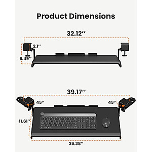 ErGear Keyboard Tray Under Desk, Corner Keyboard Tray with 45° Adjustable C Clamp for L Shaped Desk, Under Desk Keyboard Tray Slide Out, Computer Keyboard & Mouse Tray, 26.38" W x 11.61" D, Black