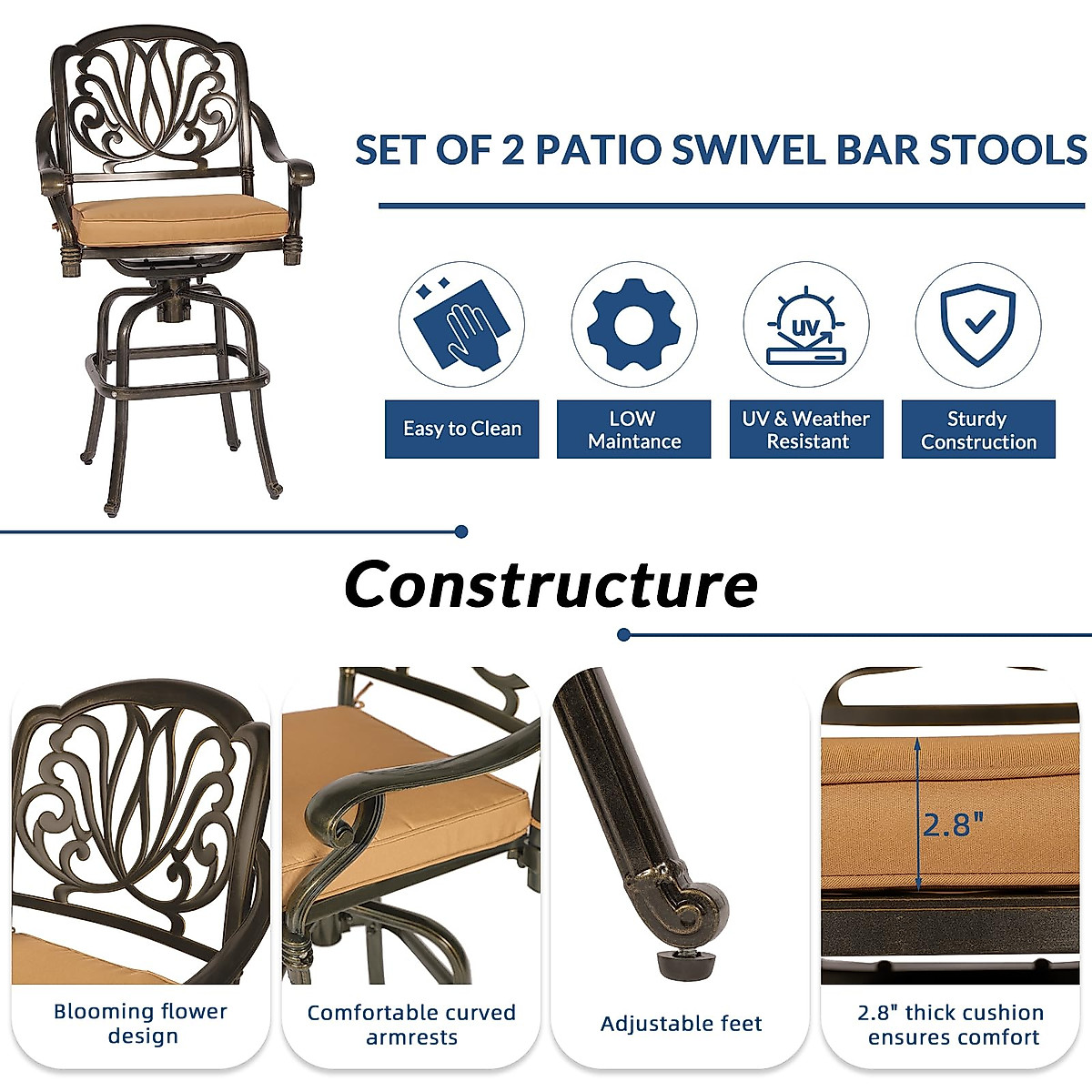 SOCIALCOMFY 5 Piece Bar Height Patio Dining Set, All Weather Cast Aluminum Swivel Bar Stools Chair Set of 4 and 35.4" High Bar Table W/Umbrella Hole, Outdoor Bar Table & Chairs Set for Deck Garden