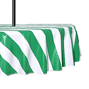 LUSHVIDA Outdoor PVC Stripe Tablecloth with Umbrella Hole and Zipper, Round Table Cover for Spring Summer Patio Garden Tabletop Decor, Green/White, 60 Inch