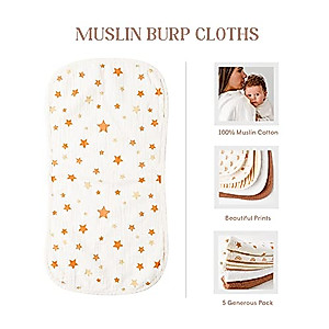 MairMore 5 Pack Muslin Baby Burp Cloths- Neutral Muslin Burping Cloths for Baby Boys Girls and Newborn Towel, Unisex- Large Absorbent Burp Cloths-20x10 Inches