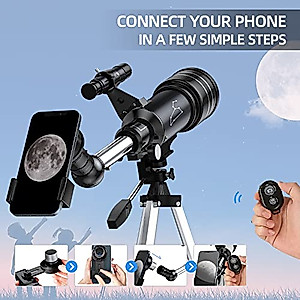 Telescope 70mm Aperture 400mm - for Adults & Kids, Refracting Portable Telescopes for Adults Astronomy Beginners Telescope with Tripod, Phone Adapter, Wireless Remote, Carrying Bag Black