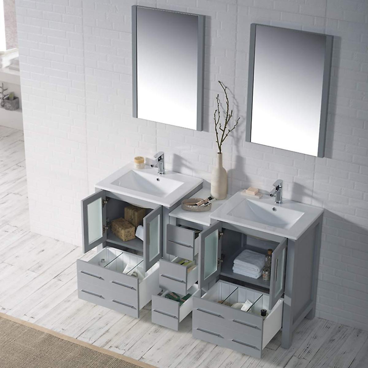 60 Inches All Wood Double Ceramic Sink Bathroom Vanity with Side Cabinet, 001 60 15 C (Double Ceramic Top, Metal Grey)