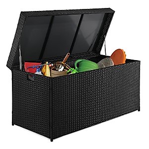 VINGLI Upgraded Version 132 Gallon Outdoor Storage Box, Patio Rattan Deck Box, Wicker Storage Bench for Indoor, Outdoor, Pool, Balcony, Yard, Garden, Black
