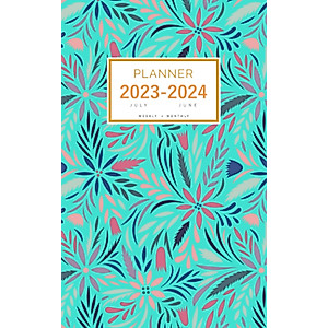 Planner July 2023-2024 June: 5x8 Weekly and Monthly Organizer Small | Massive Floral Pattern Design Turquoise