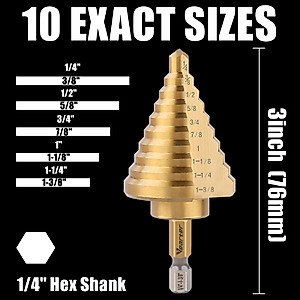 Vearter HSS Straight Groove Step Drill Bits, 1/4" - 1-3/8" Unibit 10 Steps M2 Material Titanium Coated Hex Shank for Drilling Holes in Stainless Steel Aluminium Sheet Metal Wood Plastic PVC