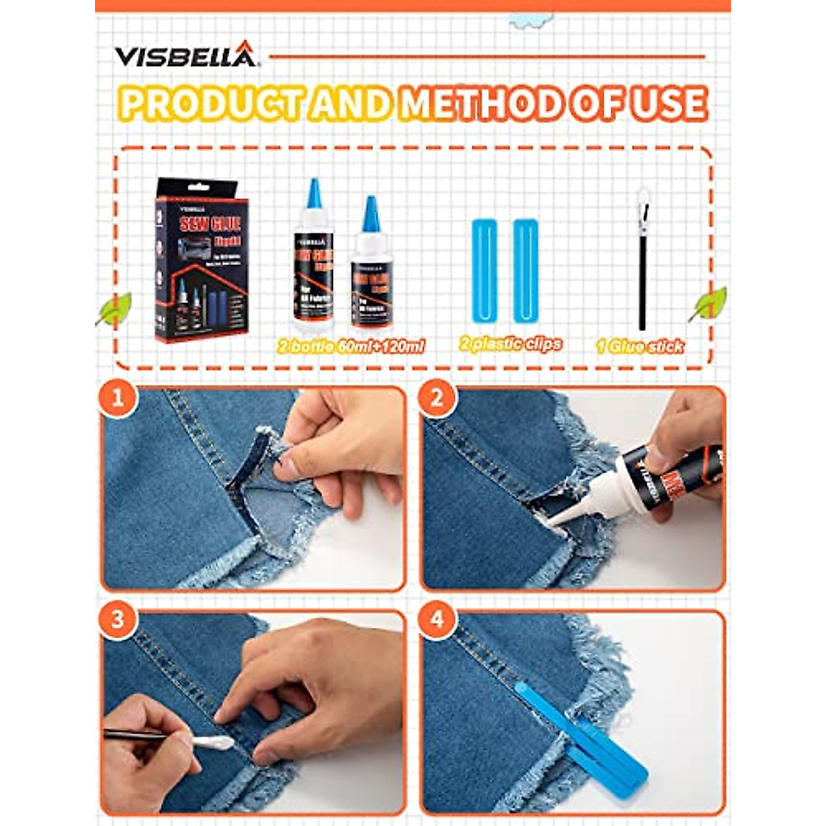 Visbella 1 Min Fast Drying Liquid Stitch Fabric Adhesive Glue Strong Bond Clear Drying Waterproof Sew Glue Permanent Washable for Repair, Make Patches on Clothes, Denim, Leather, Flannel, All Fabrics