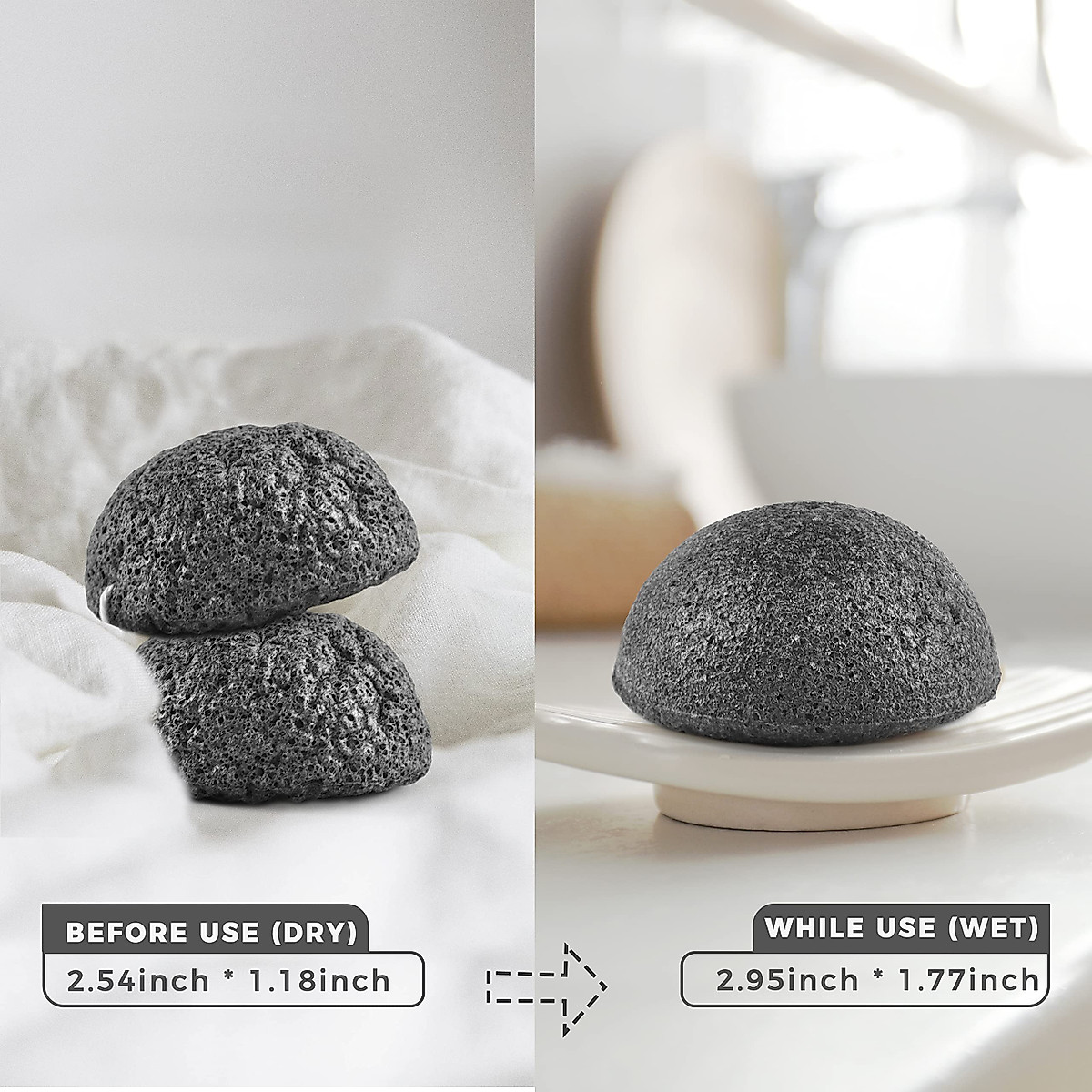 ZOMCHI Konjac Sponge | Natural Facial Sponges | Eco-Friendly & Reusable | Skin Cleanser | Makeup Remover | 3 Packs Activated Bamboo Charcoal Facial Cleansing Sponge