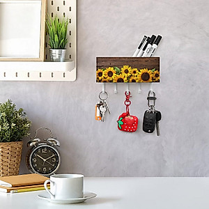 JAIDEN BEATA Cute Decorative Key Holder for Wall, Sunflower Wood Floral Print Retro Self Adhesive Key Rack Mail Organizer Wall Mount Hanging Key Holder Key Hanger for Kitchen Office Entryway Door