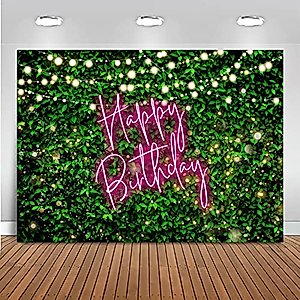 Mocsicka Green Leaves Happy Birthday Backdrop Greenery Pink Neon Birthday Backdrops 30th 40th 50th Adult Birthday Party Decorations Photo Background (Pink, 7x5ft (82x60 inch))