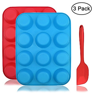 SourceTon 12-Cup Silicone Muffin Mold Bonus with Spatula, 3 pcs pack of Muffin Mold and Spatula Set, Cupcake Pans, Dishwasher, Oven, Microwave Oven. Blue + Red