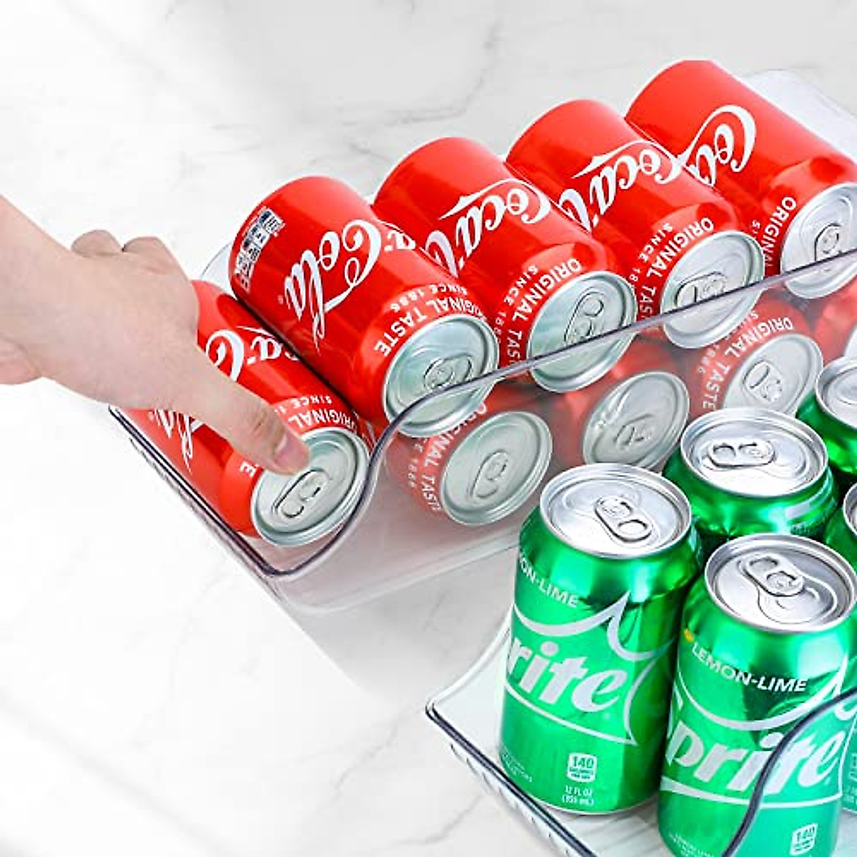 Puricon 2 Pack Can Drink Dispenser Organizer for Refrigerator, Clear Plastic Soda Pop Can Holder Container Storage Bin for Fridge Freezer Pantry Cabinet Kitchen -for Standard Can