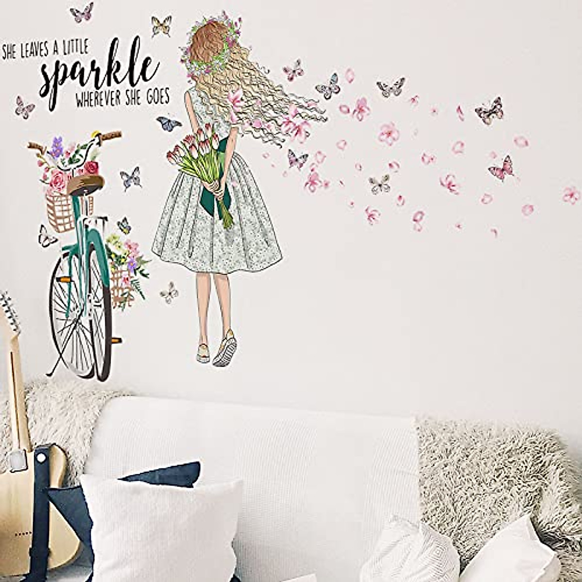 Prabahdak DIY Fairy Girl Bicycle Wall Stickers Flower Butterflies Wall Decals Removable Sparkle Girl Vinyl Wall Art for Girls Baby Nursery Bedroom Living Room