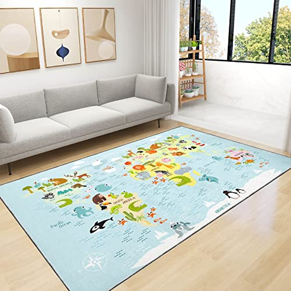 Kids Area Rug World Map Cute Animal Rugs Educational Floor Carpet for Boy Girl Machine Washable Area Rugs for Living Room, Bedroom, Playroom,8' x 10', Blue