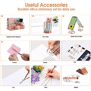 KAAKOW Rose Gold Desk Organizers and Accessories Office Supplies Set Stapler, Pen Holder, Phone Holder, Scissors, Pen, Ruler, 30 Paper Clips, 22 Binder Clip, 20 Tacks and 1000pcs Staples (Rose Gold)