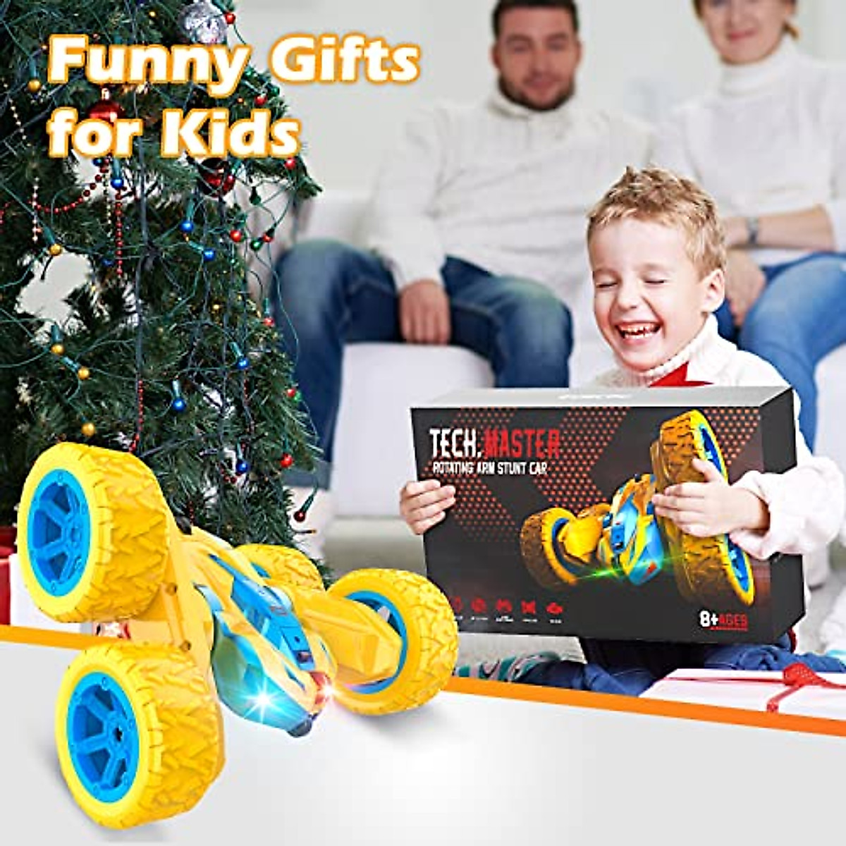 Qumcou Remote Control Car, RC Cars Stunt Car Toys for Kids, 2.4Ghz High Speed Double-Sided 360°Rotating Toy Cars with Cool Headlights, Christmas Birthday Gifts for Boys Girls Age 6-12（Yellow）