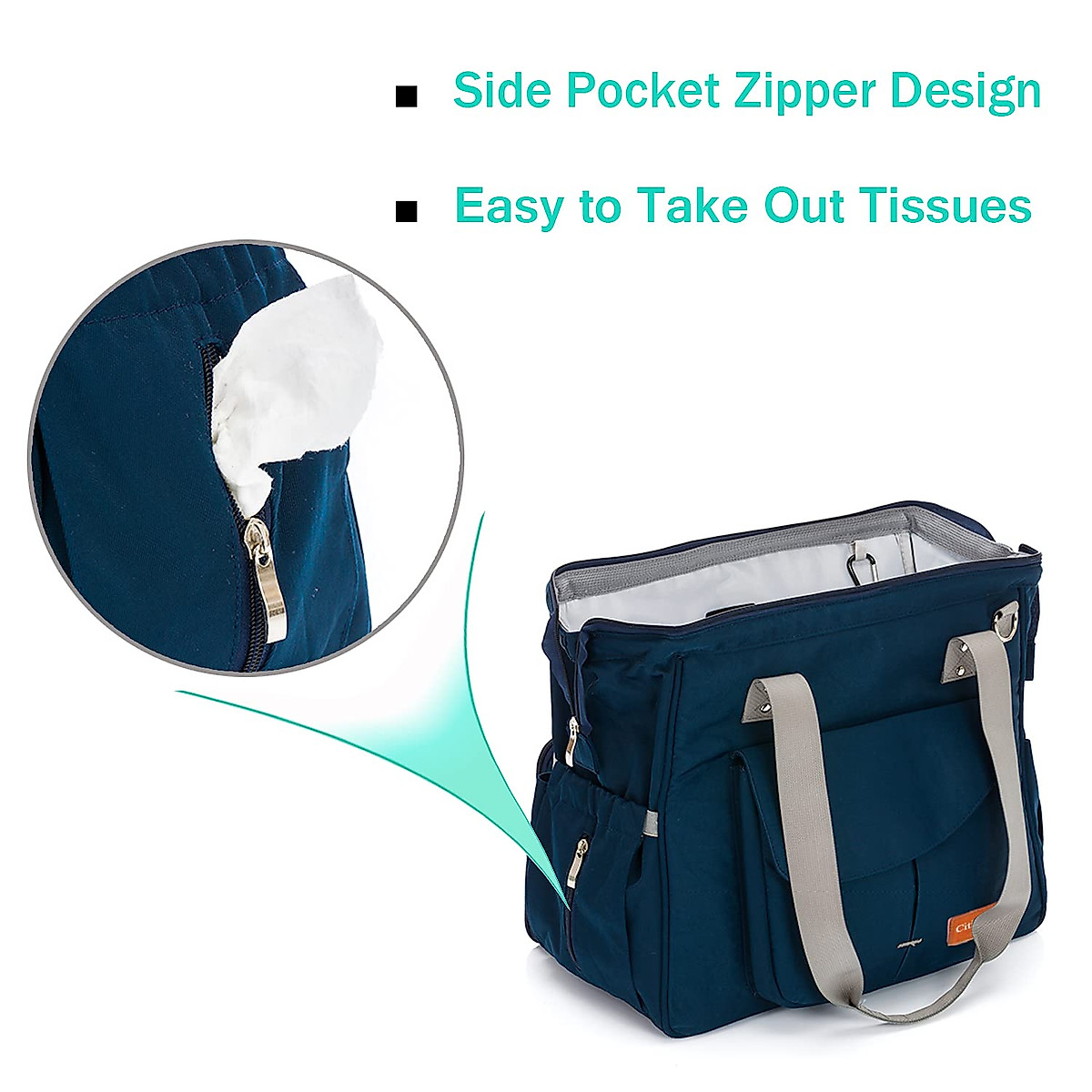 CitisKins Diaper Bag Tote Mommy bags Outdoor Handbags with Insulated Pockets,Changing Pad & Reflective Strips (Navy)