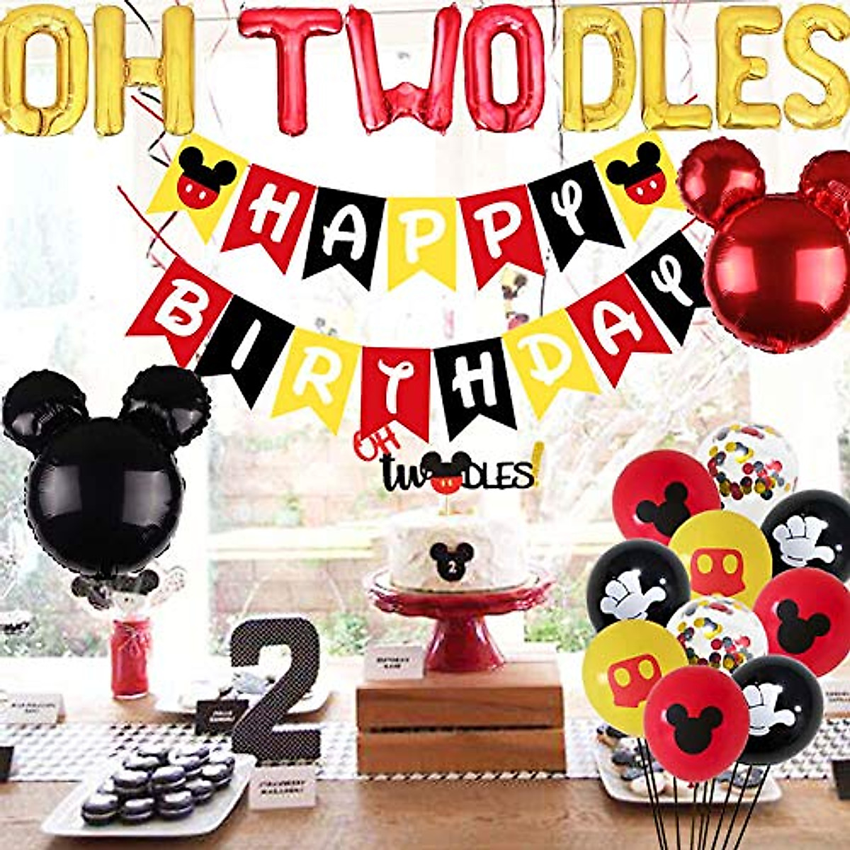 LetDec 214 PCS Mickey Twodles Birthday Party Decorations, Oh Twodles Balloons Arch Garland Kit, Mickey Two Backdrop, Mouse Themed TableCloth, Mickey Tableware for Boy 2nd Birtdhay Party Supplies