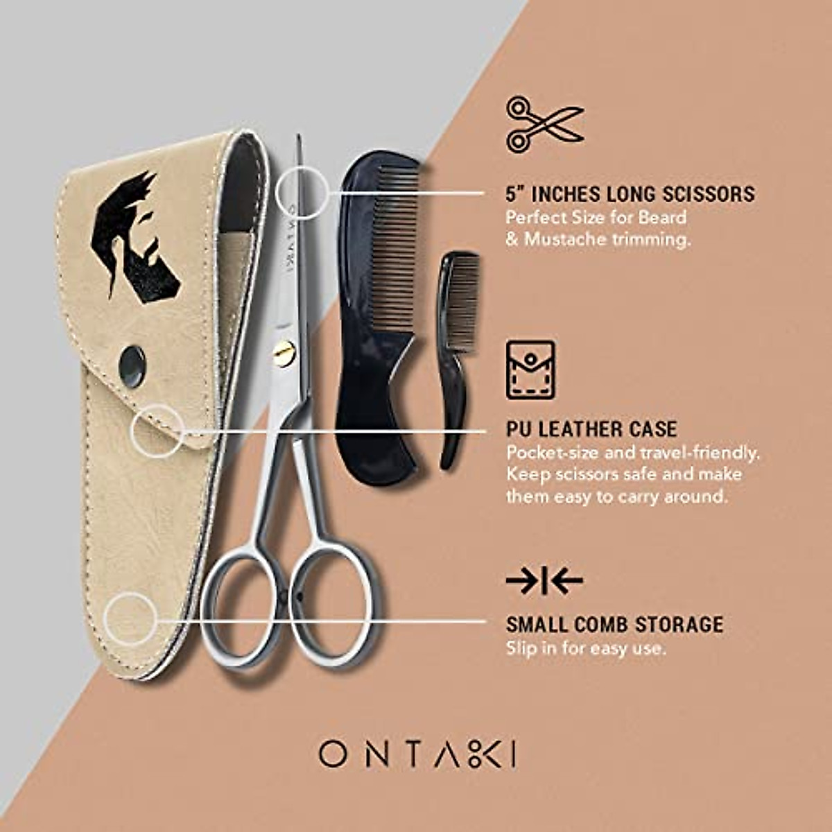 ONTAKI 2 Scissors Pack - 1 Japanese Steel Mustache Scissors Barber Salon Beard Scissor - 1 ONTAKI Professional German Steel Beard & Mustache Barber Scissors With Comb - Perfect Trimming Scissors