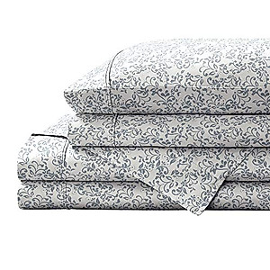 Brielle Printed 100% Cotton Percale Sheet Set, Blue Vines, Queen