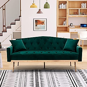 QHITTY Velvet Couch, Accent Sofa Couch Sleeper Loveseat Sofa Bed with Rose Gold Metal Feet and 2 Pillows for Living Room (Green)
