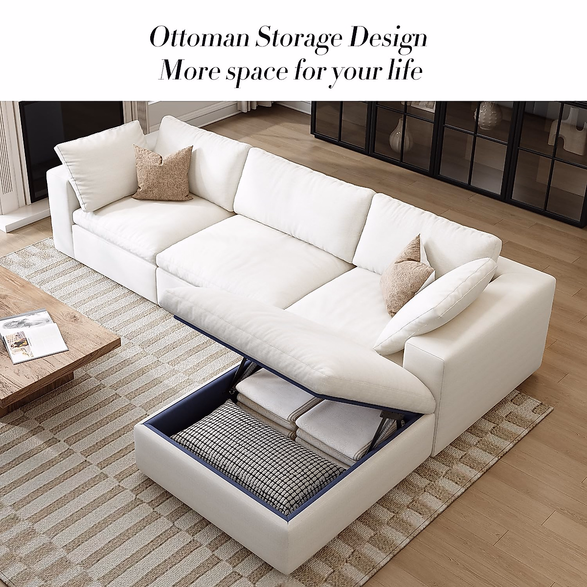 Cloud Modular Sectional Sofa with Storage Ottoman, 120" Down Filled Comfort L Shaped Couch Modular Sectional Couch, Modern Deep Sofa Couches for Living Room Office Apartment (3 Seater+1 Ottoman，White)