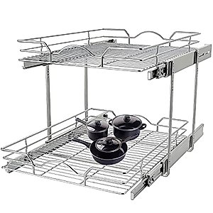 OCG Pull Out Cabinet Organizer (20" W x 21" D), 2 Tier Pull Out Drawers for Kitchen Cabinets, Pull Out Shelves for Base Cabinet Organization in Kitchen, Bathroom, Pantry, Chrome Finish