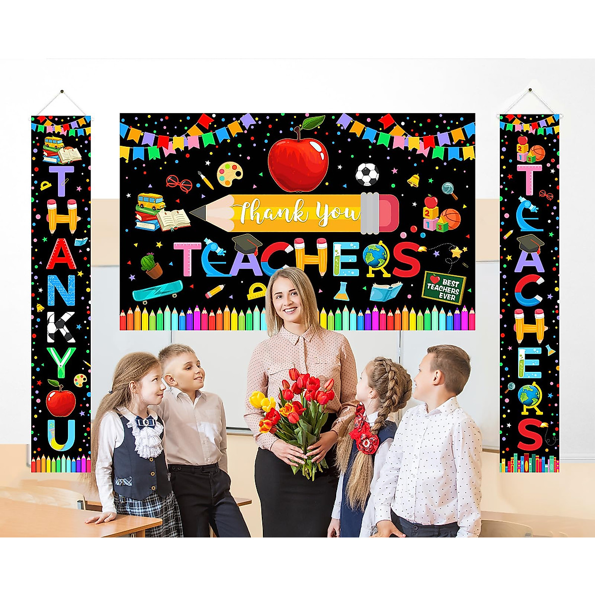 Lecheme Thank You Teachers Decorations Teacher Appreciation Week Porch Signs Backdrop Teacher Appreciation Banner for School Classroom Decor (Black, 71x43'')