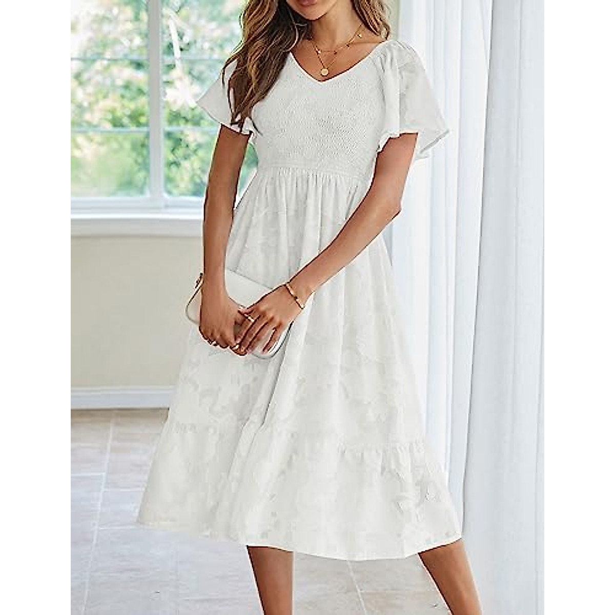 MEROKEETY Womens 2023 Summer V Neck Ruffle Sleeve Floral Dress Lace Flowy Smocked Midi Dresses,White,S