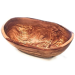 Orchard Hardwoods 10" Rustic Oval Artisan Olive Wood Dough Bowl Bread Basket Boat Shaped - Live bark edge. Natural Server for Fruit, Salads, Chips, Popcorn. In Lg 10" or XL 12". (Large 10x5-6x4)