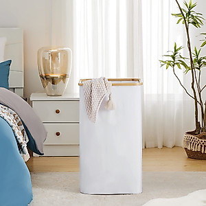 100L Large Laundry Hamper Basket with Lid by YOUDENOVA, Tall Clothes Hamper with Handle, Waterproof and Collapsible Storage Basket for Bedroom and Bathroom, White(16"L 13"W 28"H)