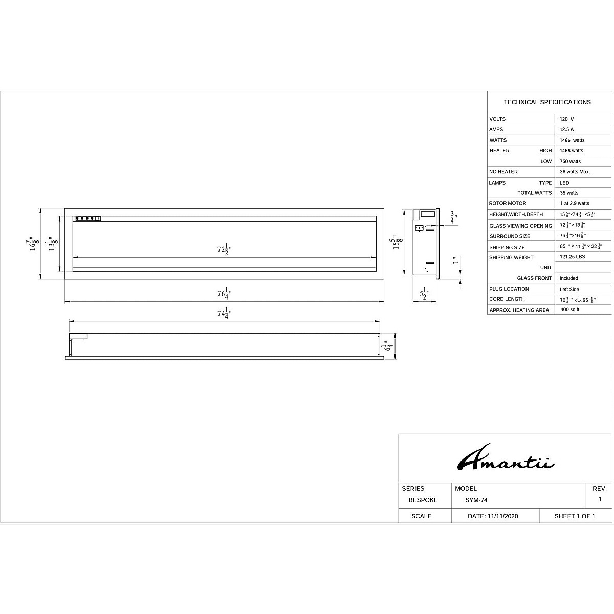 Amantii SYM-74-BESPOKE Symmetry Series Bespoke 74-Inch Built-in Electric Fireplace with Remote, Ice Media, Black Steel Surround