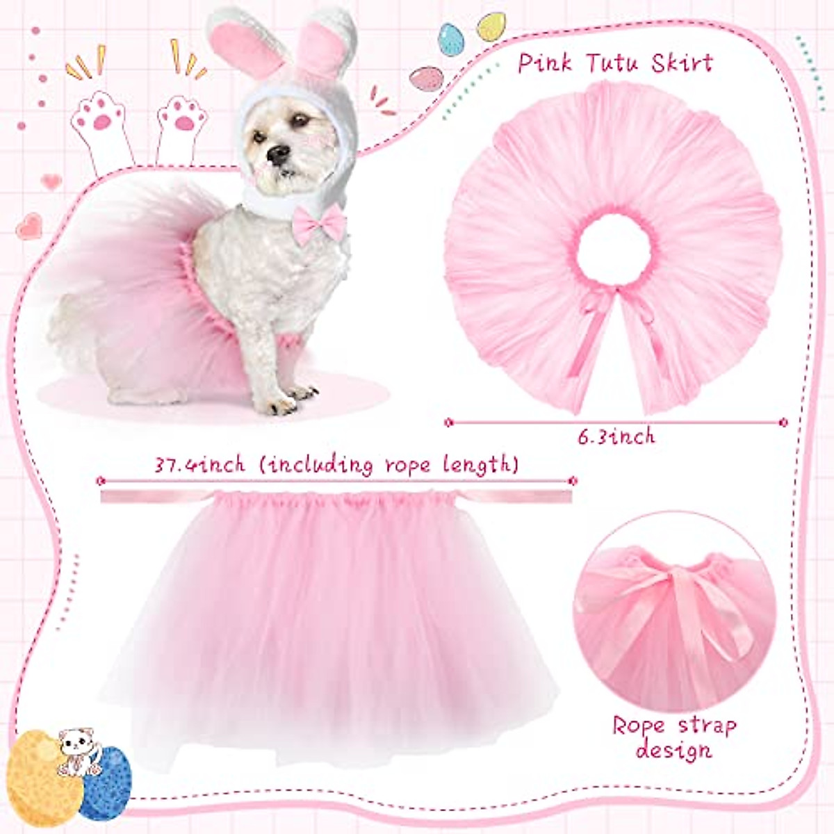 4 Pcs Bunny Costume Set Bunny Rabbit Hat with Ear Bunny Ears Pet Headband Lace Tutu Skirt with Bunny Ears Tail and Bow for Easter Cats Small Dogs Party Costume Accessory